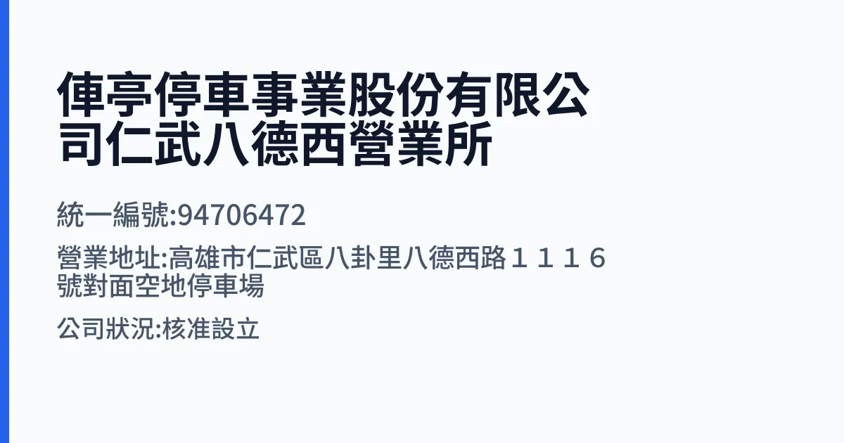 俥亭停車事業股份有限公司仁武八德西營業所 - 統編 94706472(高雄市) 公司登記資料與營業項目詳細圖表