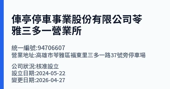 俥亭停車事業股份有限公司苓雅三多一營業所的照片-統編 94706607(高雄市) 公司登記資料與營業項目詳細圖表