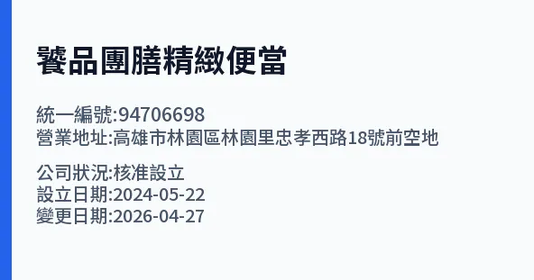 饕品團膳精緻便當的照片-統編 94706698(高雄市) 公司登記資料與營業項目詳細圖表