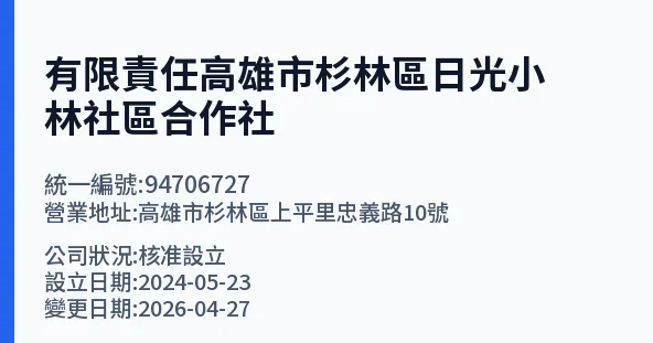 有限責任高雄市杉林區日光小林社區合作社的照片-統編 94706727(高雄市) 公司登記資料與營業項目詳細圖表