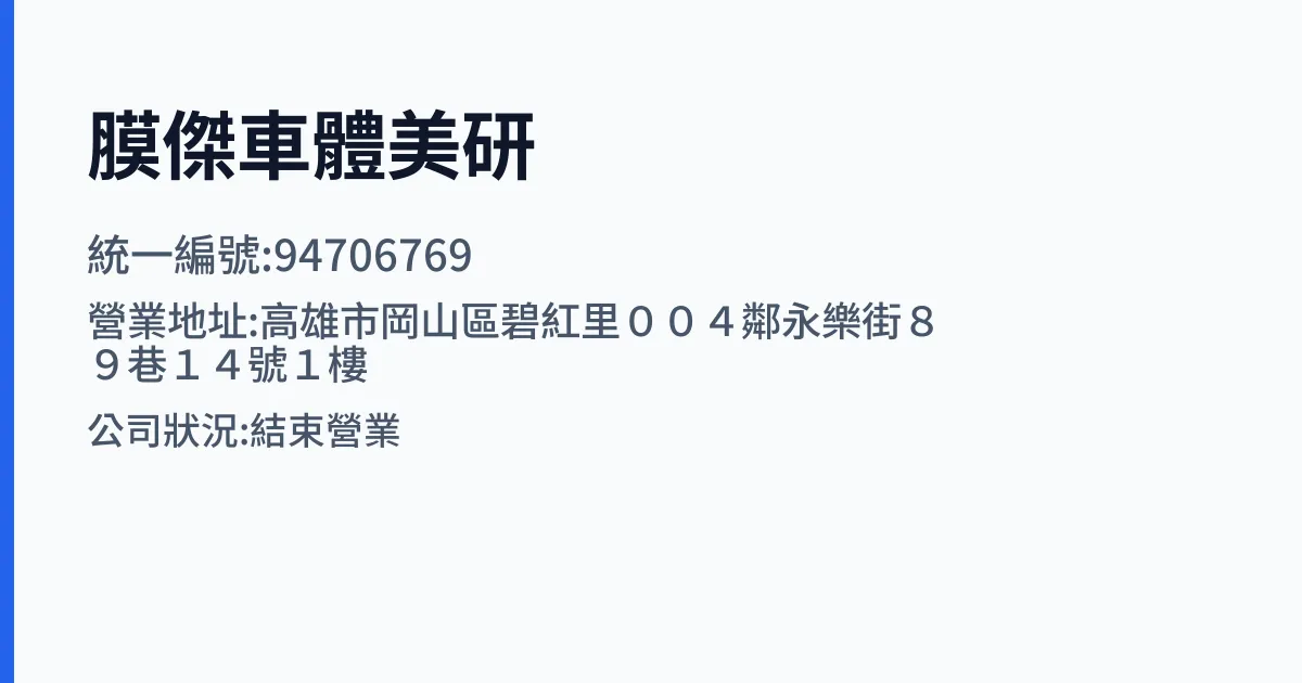膜傑車體美研 - 統編 94706769(高雄市) 公司登記資料與營業項目詳細圖表