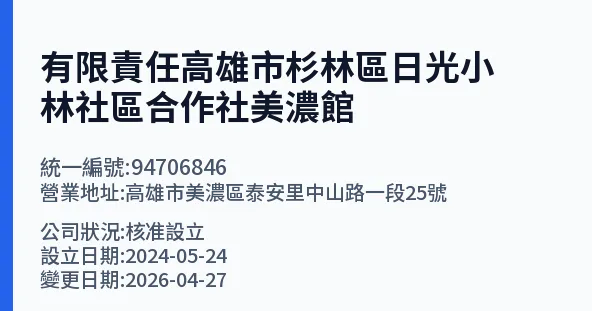 有限責任高雄市杉林區日光小林社區合作社美濃館的照片-統編 94706846(高雄市) 公司登記資料與營業項目詳細圖表