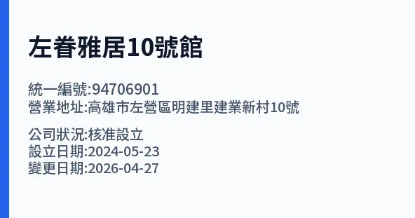 左眷雅居10號館的照片-統編 94706901(高雄市) 公司登記資料與營業項目詳細圖表
