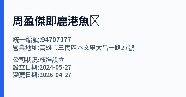 周盈傑即鹿港魚焿的照片-統編 94707177(高雄市) 公司登記資料與營業項目詳細圖表