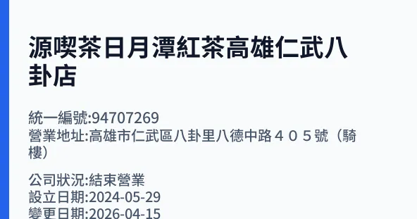 源喫茶日月潭紅茶高雄仁武八卦店的照片-統編 94707269(高雄市) 公司登記資料與營業項目詳細圖表