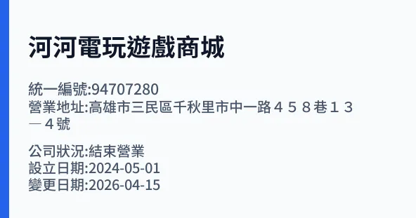 河河電玩遊戲商城的照片-統編 94707280(高雄市) 公司登記資料與營業項目詳細圖表