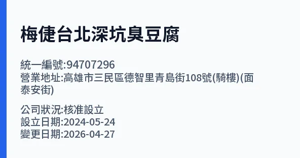 梅倢台北深坑臭豆腐的照片-統編 94707296(高雄市) 公司登記資料與營業項目詳細圖表