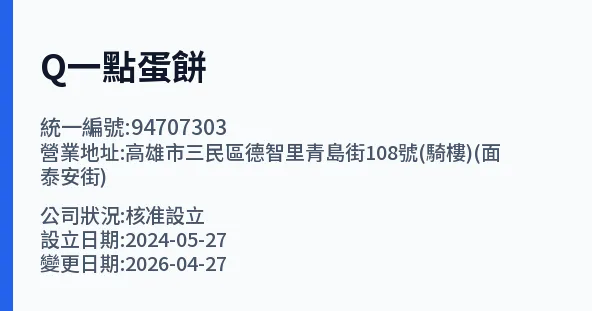 Q一點蛋餅的照片-統編 94707303(高雄市) 公司登記資料與營業項目詳細圖表