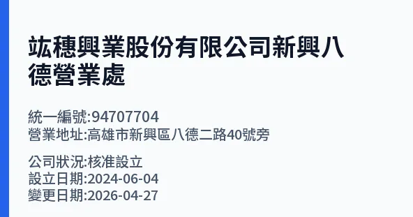 竑穗興業股份有限公司新興八德營業處的照片-統編 94707704(高雄市) 公司登記資料與營業項目詳細圖表
