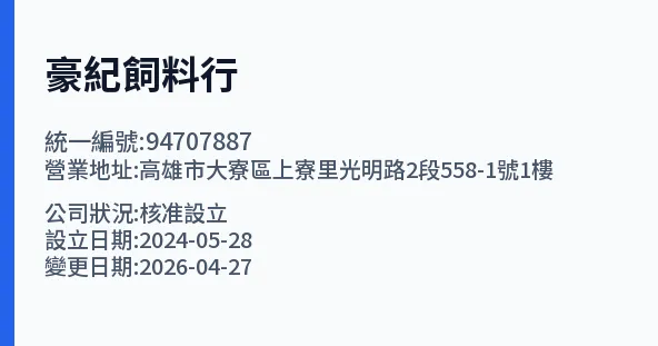 豪紀飼料行的照片-統編 94707887(高雄市) 公司登記資料與營業項目詳細圖表