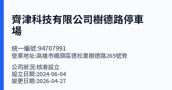 齊津科技有限公司樹德路停車場的照片-統編 94707991(高雄市) 公司登記資料與營業項目詳細圖表