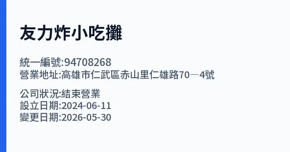 友力炸小吃攤的照片-統編 94708268(高雄市) 公司登記資料與營業項目詳細圖表