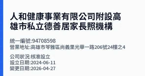 人和健康事業有限公司附設高雄市私立德善居家長照機構的照片-統編 94708598(高雄市) 公司登記資料與營業項目詳細圖表