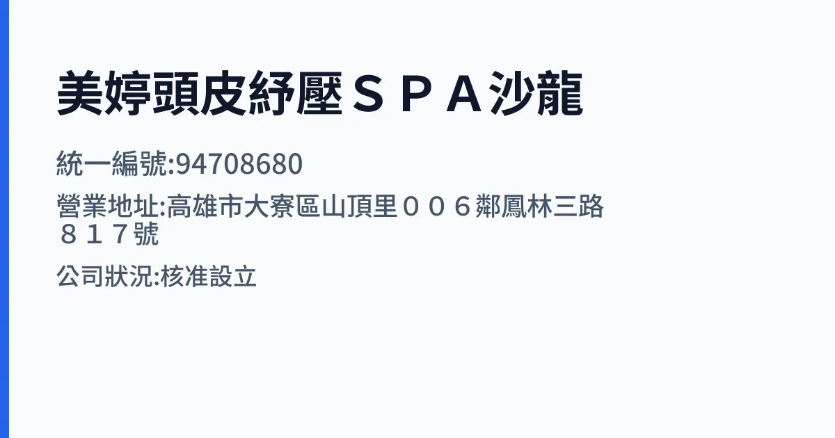 美婷頭皮紓壓SPA沙龍 - 統編 94708680(高雄市) 公司登記資料與營業項目詳細圖表