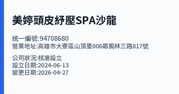 美婷頭皮紓壓SPA沙龍的照片-統編 94708680(高雄市) 公司登記資料與營業項目詳細圖表