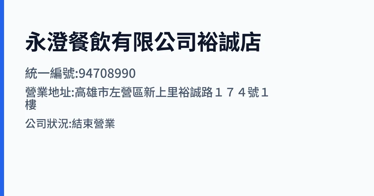永澄餐飲有限公司裕誠店 - 統編 94708990(高雄市) 公司登記資料與營業項目詳細圖表