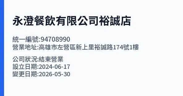 永澄餐飲有限公司裕誠店的照片-統編 94708990(高雄市) 公司登記資料與營業項目詳細圖表