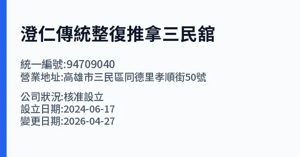 澄仁傳統整復推拿三民舘的照片-統編 94709040(高雄市) 公司登記資料與營業項目詳細圖表