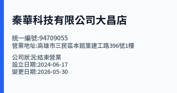 秦華科技有限公司大昌店的照片-統編 94709055(高雄市) 公司登記資料與營業項目詳細圖表