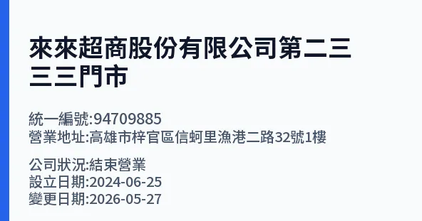 來來超商股份有限公司第二三三三門市的照片-統編 94709885(高雄市) 公司登記資料與營業項目詳細圖表