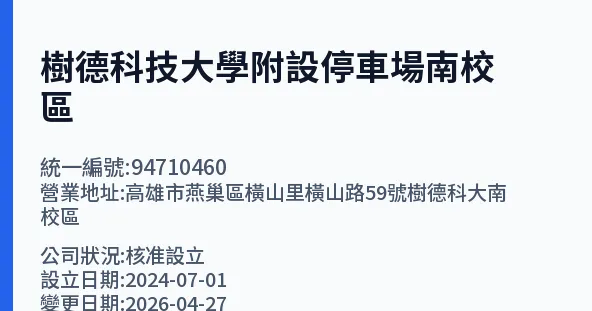 樹德科技大學附設停車場南校區的照片-統編 94710460(高雄市) 公司登記資料與營業項目詳細圖表