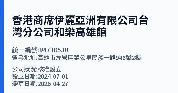 香港商席伊麗亞洲有限公司台灣分公司和樂高雄館的照片-統編 94710530(高雄市) 公司登記資料與營業項目詳細圖表