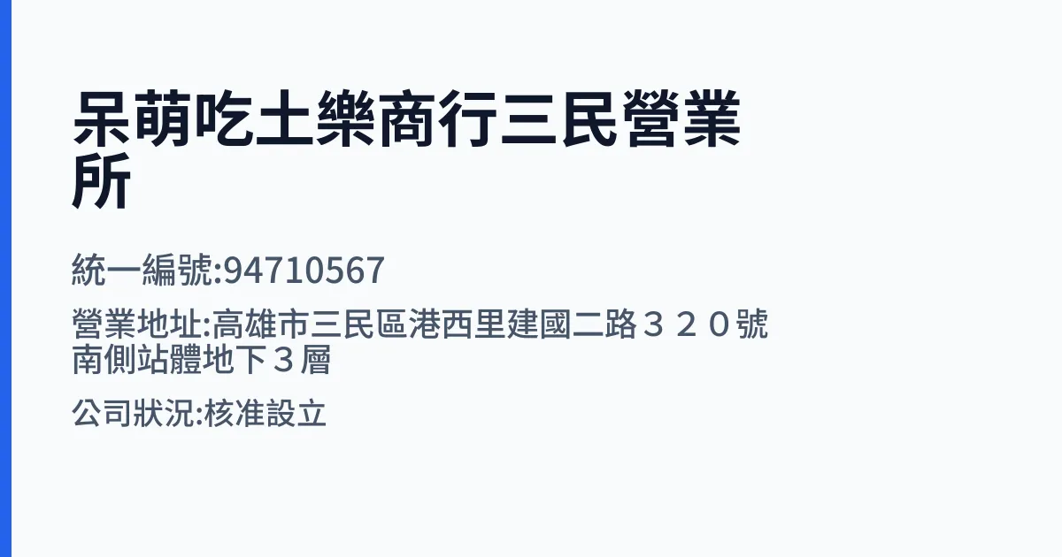 呆萌吃土樂商行三民營業所 - 統編 94710567(高雄市) 公司登記資料與營業項目詳細圖表