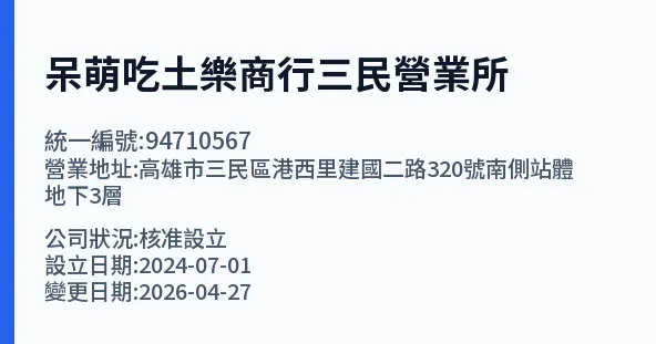 呆萌吃土樂商行三民營業所的照片-統編 94710567(高雄市) 公司登記資料與營業項目詳細圖表