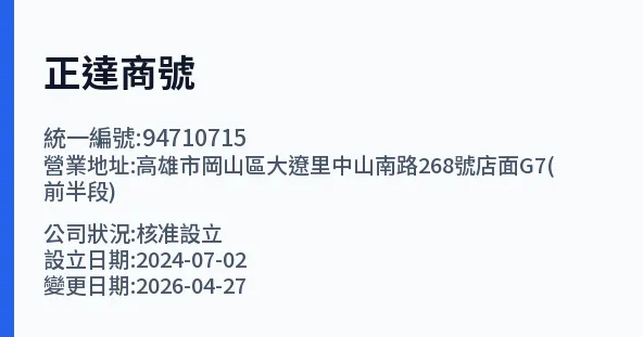 正達商號的照片-統編 94710715(高雄市) 公司登記資料與營業項目詳細圖表