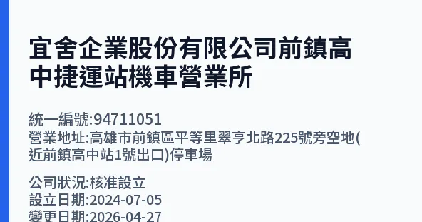 宜舍企業股份有限公司前鎮高中捷運站機車營業所的照片-統編 94711051(高雄市) 公司登記資料與營業項目詳細圖表