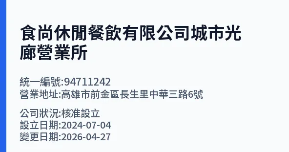 食尚休閒餐飲有限公司城市光廊營業所的照片-統編 94711242(高雄市) 公司登記資料與營業項目詳細圖表