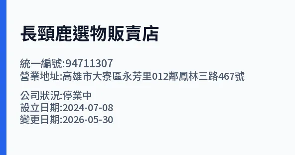 長頸鹿選物販賣店的照片-統編 94711307(高雄市) 公司登記資料與營業項目詳細圖表