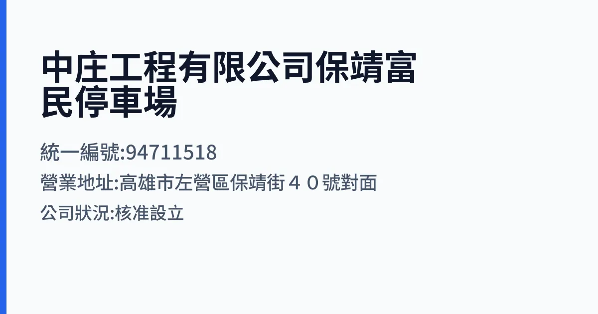 中庄工程有限公司保靖富民停車場 - 統編 94711518(高雄市) 公司登記資料與營業項目詳細圖表