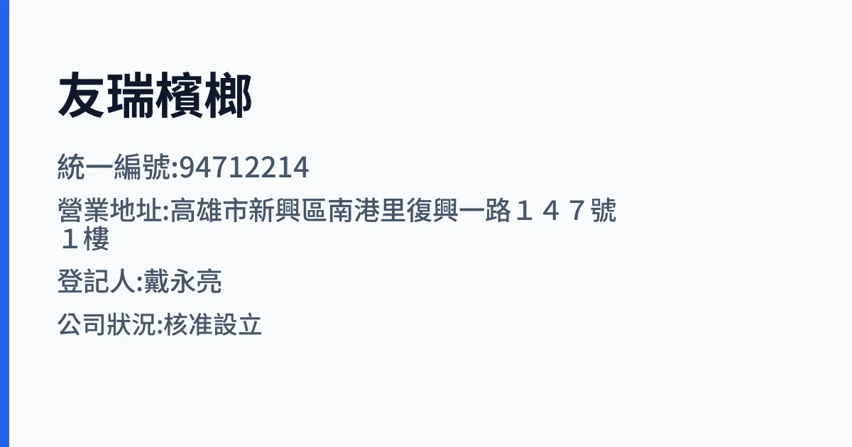 友瑞檳榔 - 統編 94712214(高雄市) 公司登記資料與營業項目詳細圖表