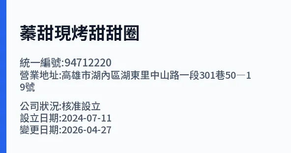 蓁甜現烤甜甜圈的照片-統編 94712220(高雄市) 公司登記資料與營業項目詳細圖表