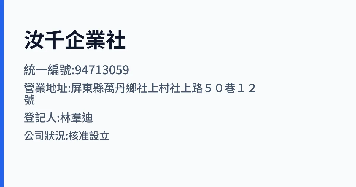 汝千企業社 - 統編 94713059(屏東縣) 公司登記資料與營業項目詳細圖表