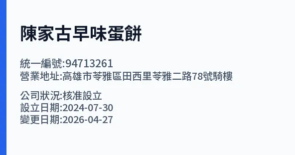 陳家古早味蛋餅的照片-統編 94713261(高雄市) 公司登記資料與營業項目詳細圖表