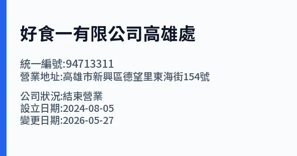 好食一有限公司高雄處的照片-統編 94713311(高雄市) 公司登記資料與營業項目詳細圖表