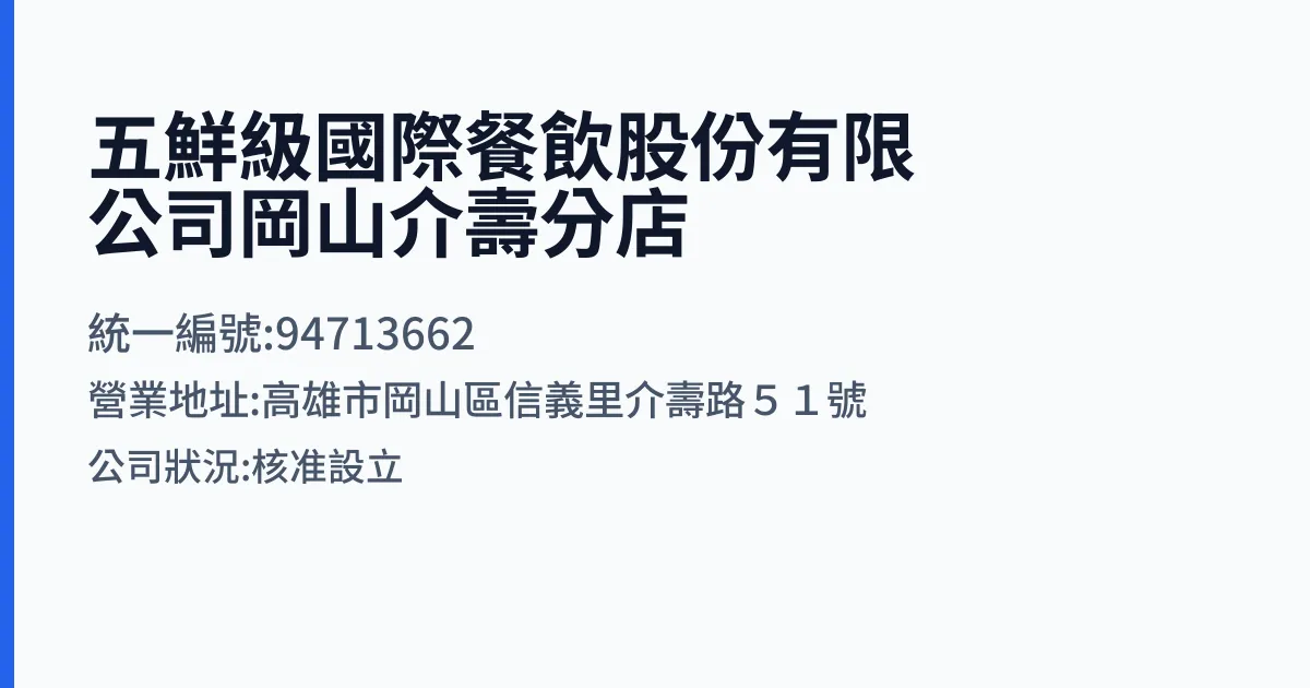 五鮮級國際餐飲股份有限公司岡山介壽分店 - 統編 94713662（高雄市） 公司登記資料與營業項目詳細圖表