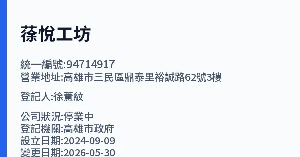 蒣悅工坊的照片-統編 94714917(高雄市) 公司登記資料與營業項目詳細圖表