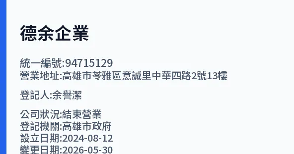 德余企業的照片-統編 94715129(高雄市) 公司登記資料與營業項目詳細圖表