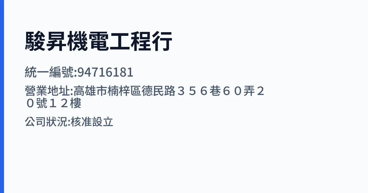 駿昇機電工程行 - 統編 94716181(高雄市) 公司登記資料與營業項目詳細圖表