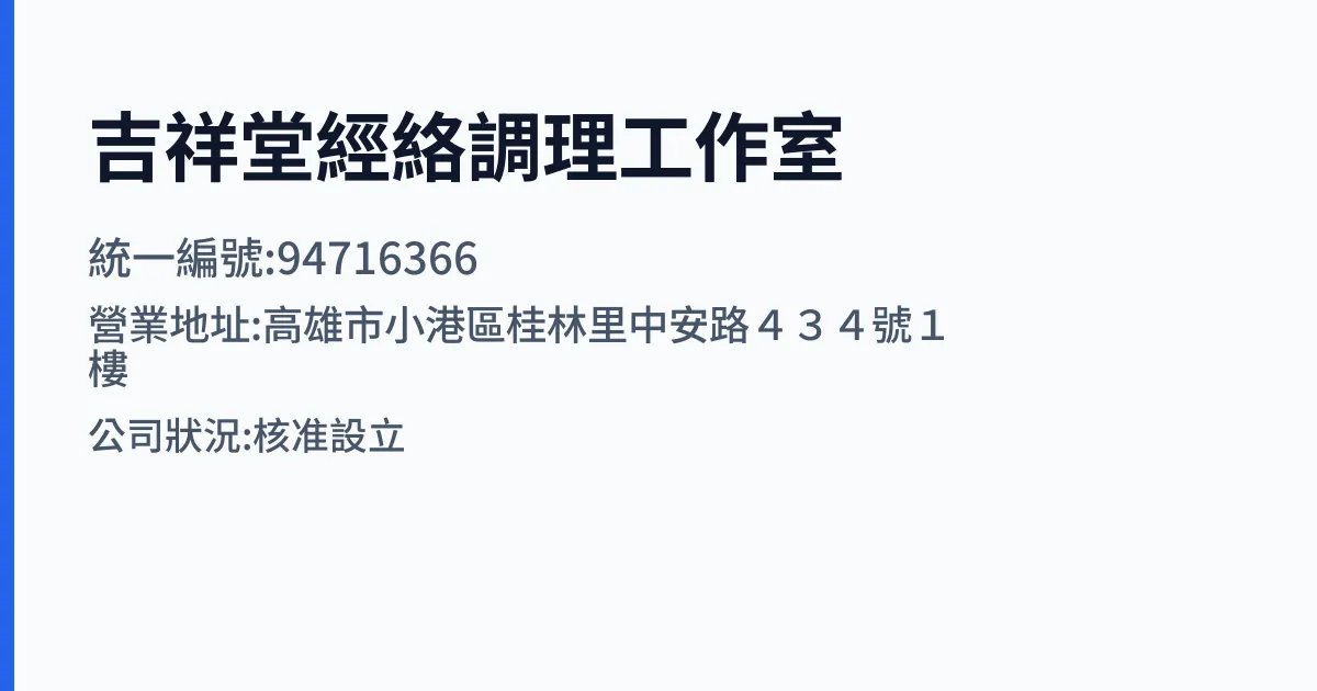 吉祥堂經絡調理工作室 - 統編 94716366(高雄市) 公司登記資料與營業項目詳細圖表