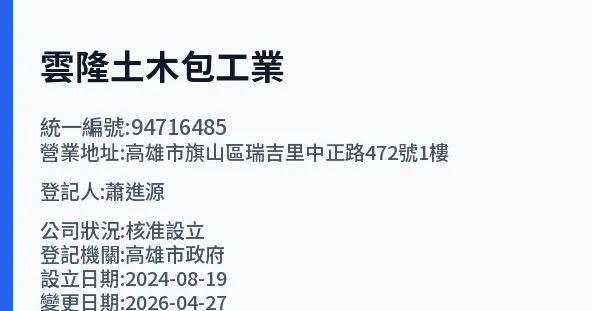 雲隆土木包工業的照片-統編 94716485(高雄市) 公司登記資料與營業項目詳細圖表