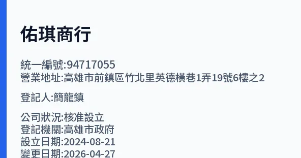 佑琪商行的照片-統編 94717055(高雄市) 公司登記資料與營業項目詳細圖表