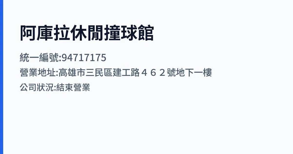 阿庫拉休閒撞球館 - 統編 94717175(高雄市) 公司登記資料與營業項目詳細圖表