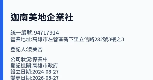迦南美地企業社的照片-統編 94717914(高雄市) 公司登記資料與營業項目詳細圖表