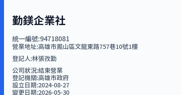勤鎂企業社的照片-統編 94718081(高雄市) 公司登記資料與營業項目詳細圖表