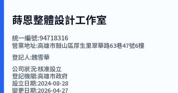 蒔恩整體設計工作室的照片-統編 94718316(高雄市) 公司登記資料與營業項目詳細圖表