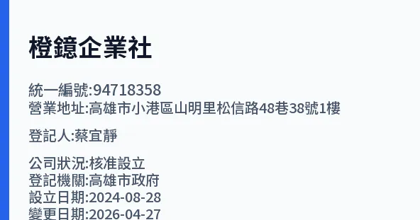 橙鐿企業社的照片-統編 94718358(高雄市) 公司登記資料與營業項目詳細圖表